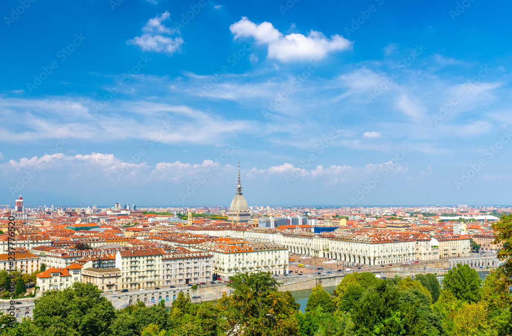 Aerial top panoramic view of Turin city center skyline with Piazza ...