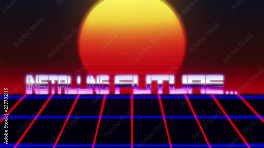 A retro futuristic animation: a twilight sun appearing on a grid moving ...