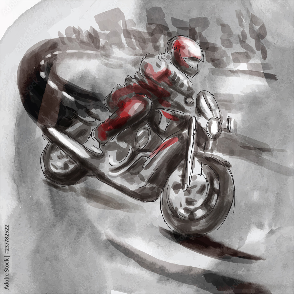 On the highway, motorcycle rider - An hand drawn vector illustration ...