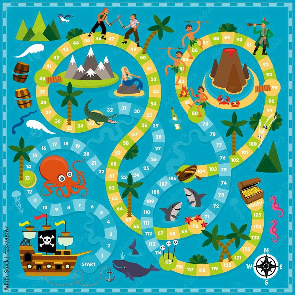 Pirate Board Game Template. For print. Vector Illustration. Stock ...