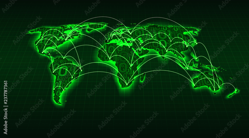 Abstract green world map from digital binary code on a grid background ...