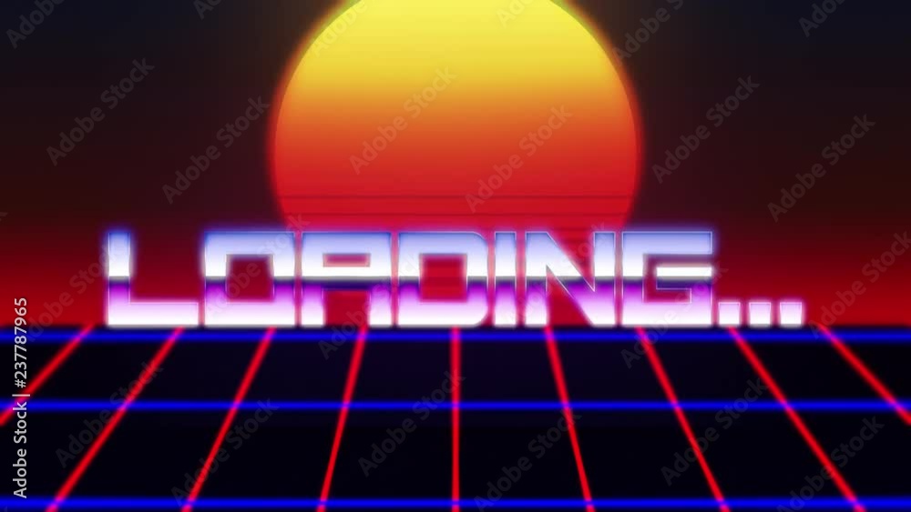A retro futuristic animation: a twilight sun appearing on a grid moving ...