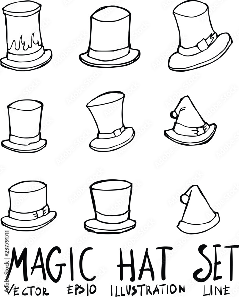 Set of magic hat icon Drawing illustration Hand drawn doodle Sketch ...
