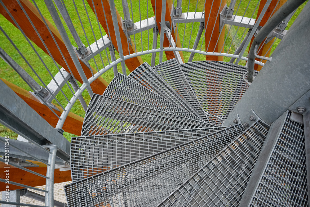 Spiral staircase of lookout tower, construction with metal steps ...