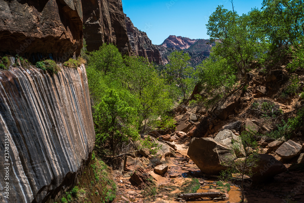 Weeping Rock water stripes on sandstone in desert; Water Canyon ...