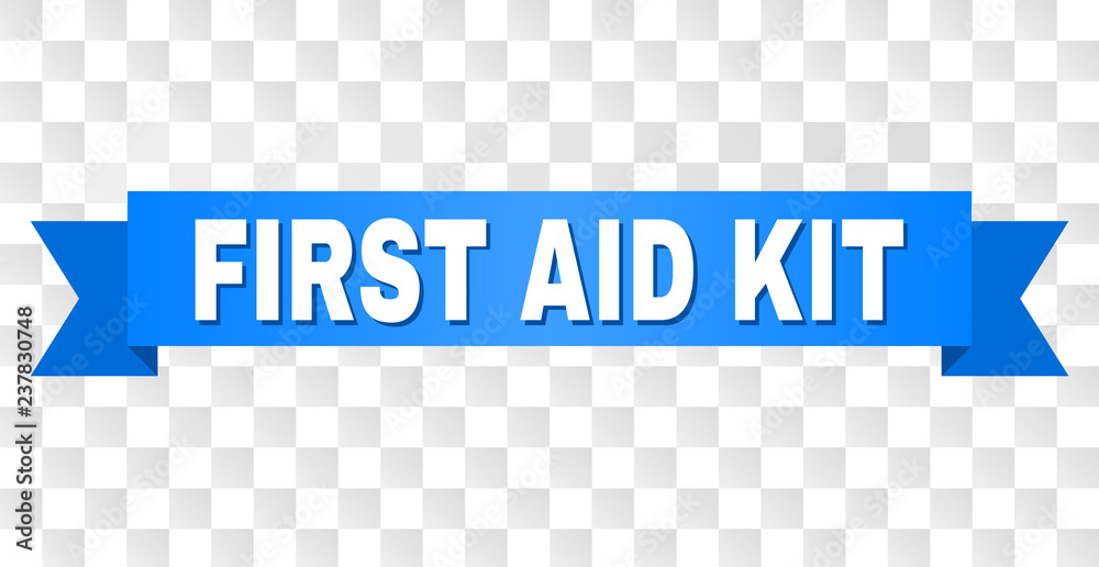 FIRST AID KIT text on a ribbon. Designed with white caption and blue ...