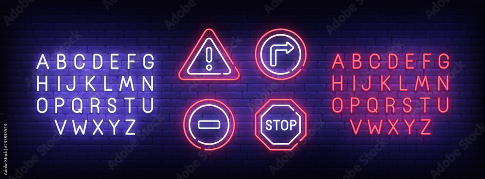 Road neon sign, bright signboard, light banner. Warning sing. Neon sign ...