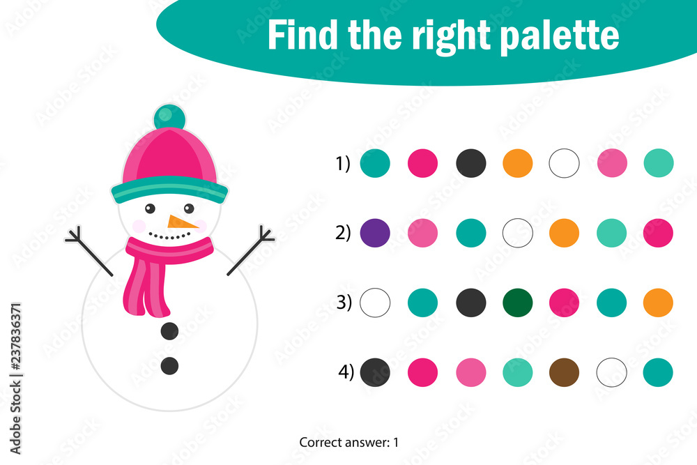 Vetor de Find the right palette to the picture, snowman in cartoon ...