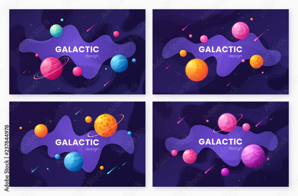Set of cartoon galaxy futuristic outer space backgrounds, design Stock ...