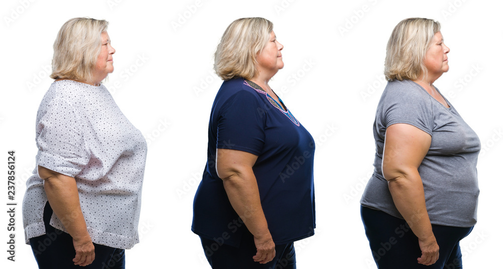 Collage of senior fat woman over isolated background looking to side ...