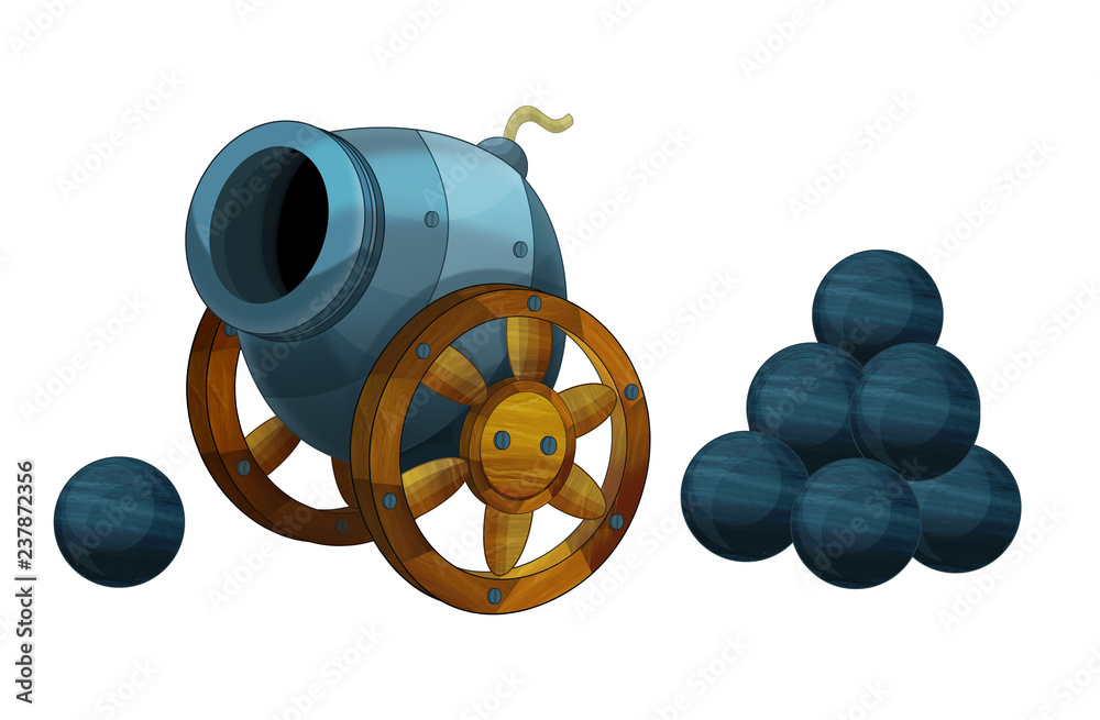 Cartoon cannon on white background with pile of steel cannon balls ...