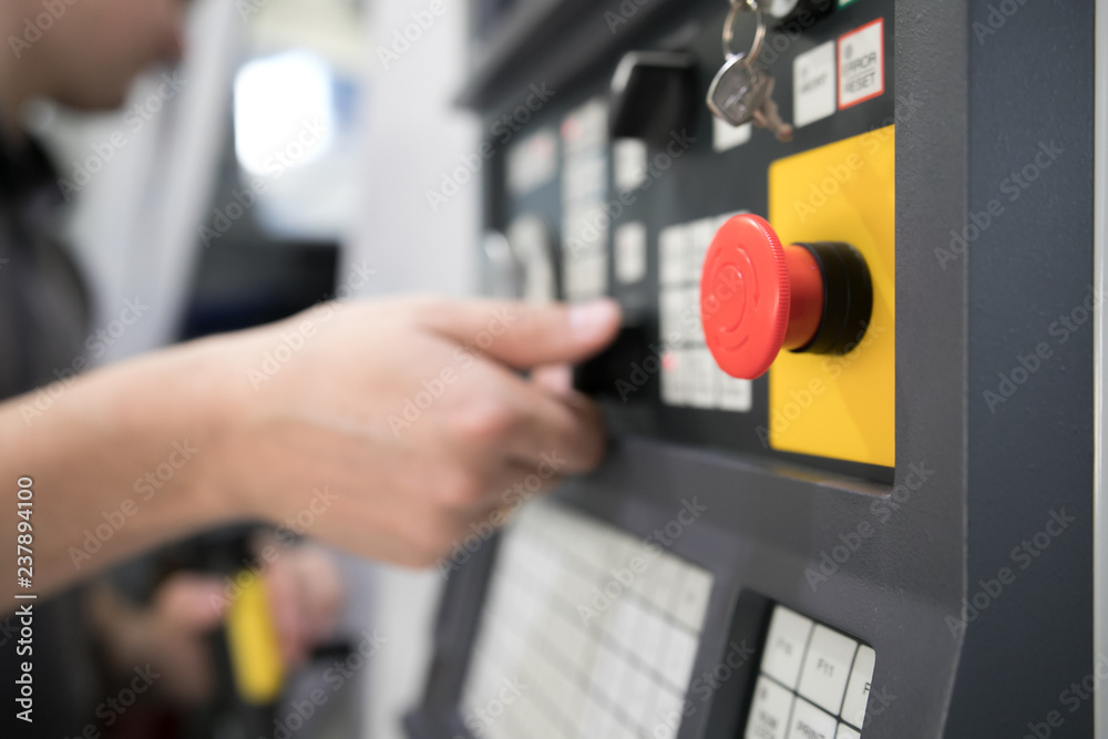 Big red button for emergency stop machinery Stock Photo | Adobe Stock
