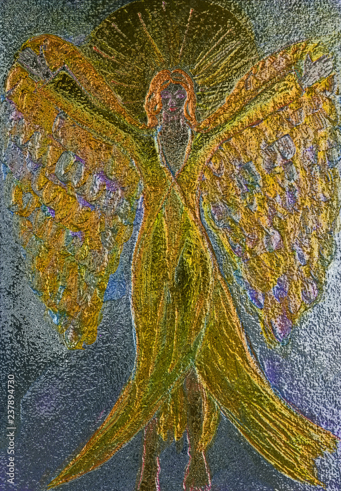 Feminine black angel with long dress and wings on metallic background ...