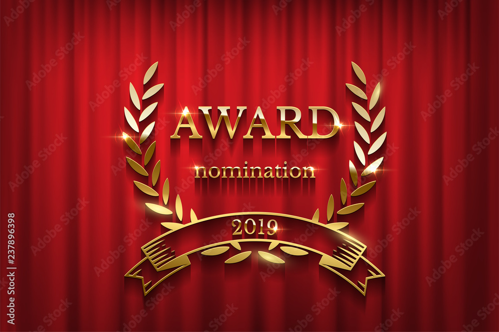 Golden award sign with laurel wreath and ribbon isolated on red curtain ...