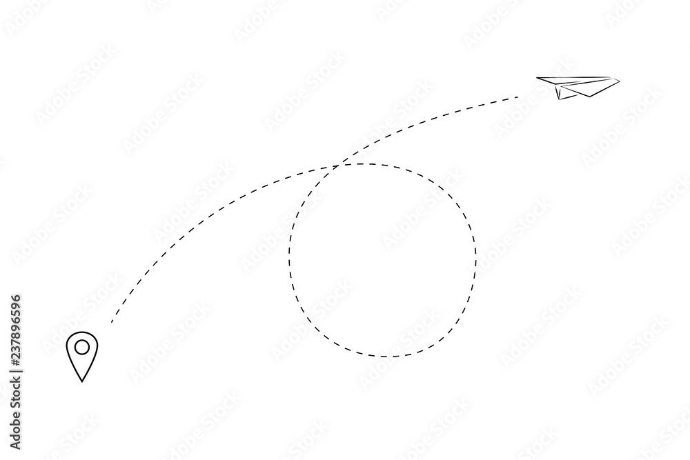 Paper plane drawing with dashed trace line and map pin. Vector ...