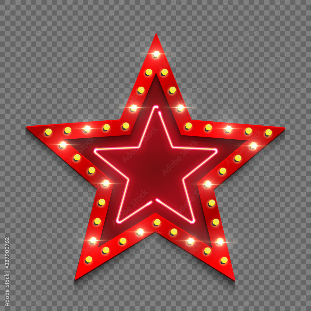 Shiny red star sign with light bulbs and neon isolated on transparent ...