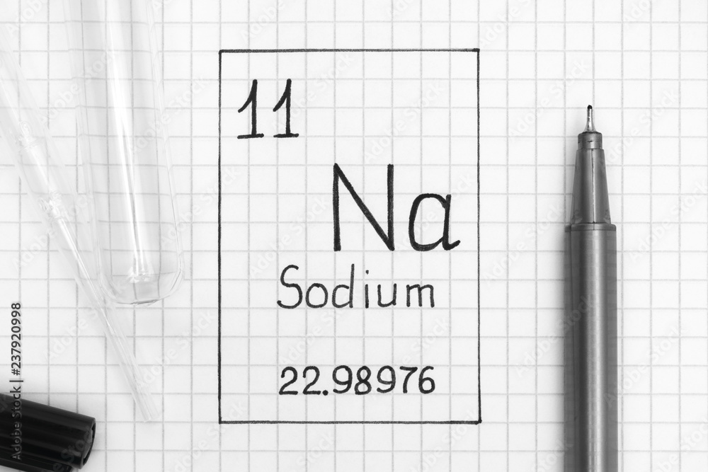 Handwriting chemical element Sodium Na with black pen, test tube and ...