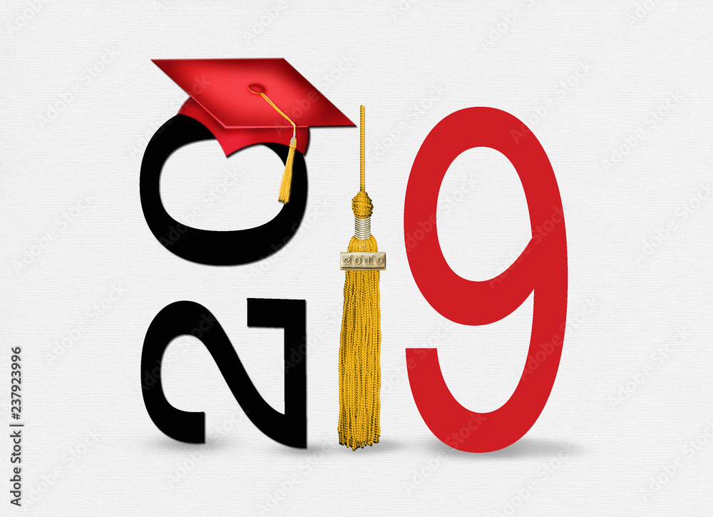 red graduation cap with gold tassel for class of 2019 on white textured ...