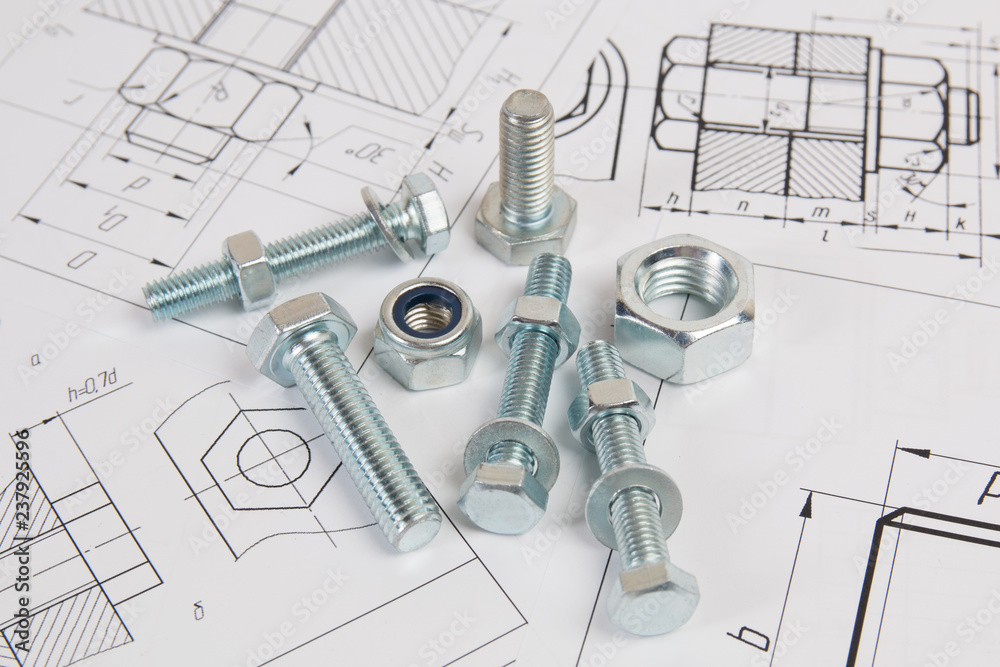 Technical drawings of bolt and nut. Engineering, technology and ...