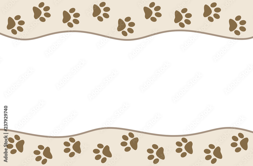 Animal paw prints on beige wave pattern border frame background design ...