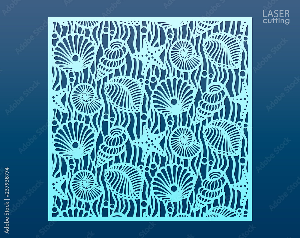 Laser cut panel template with pattern of seashells and stars ...
