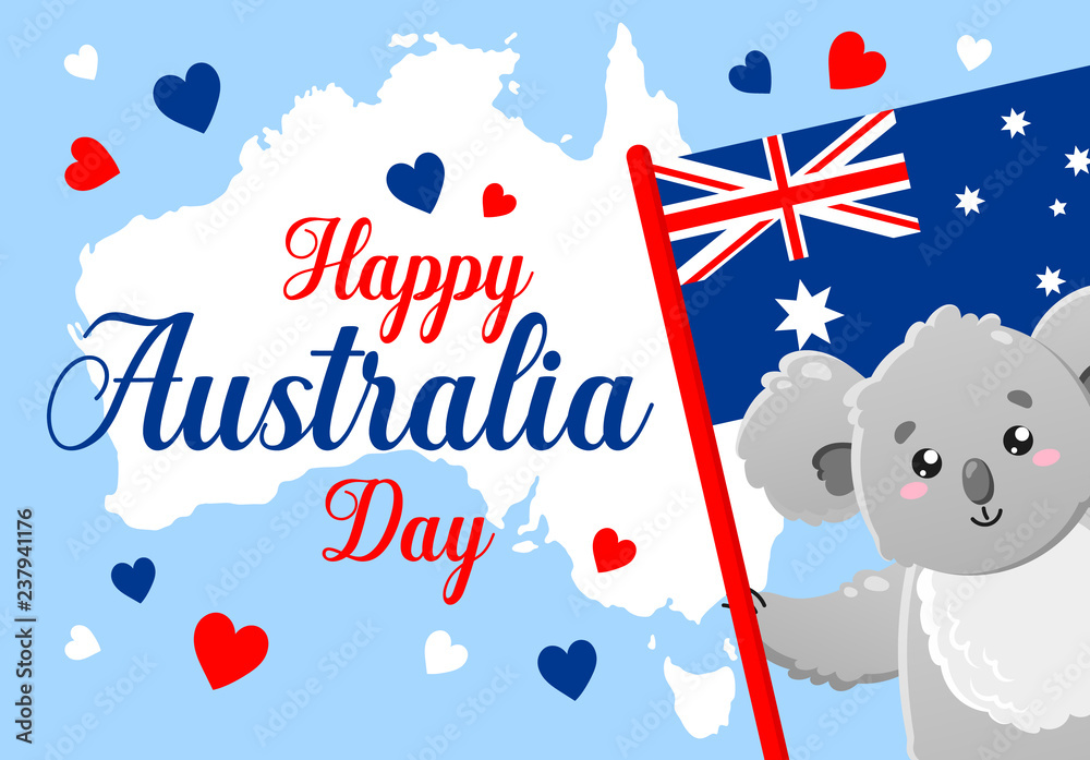 Vector poster on white background. Happy Australia Day. Cute funny ...