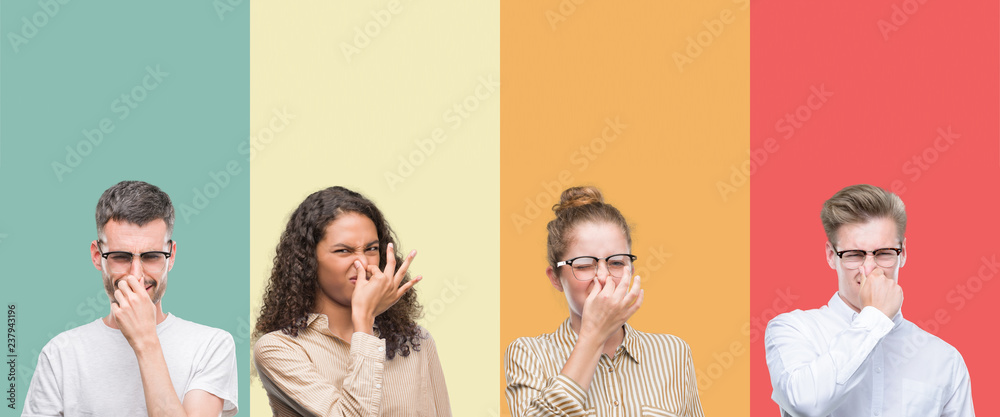 Collage of a group of people isolated over colorful background smelling ...