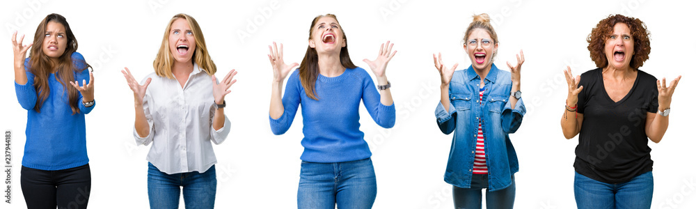 Collage of group of beautiful women over white isolated background ...