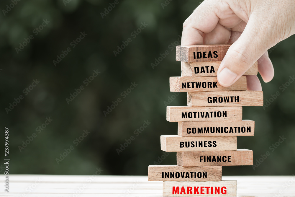 Strategy planning risk in business concept : Businessman placing wooden ...