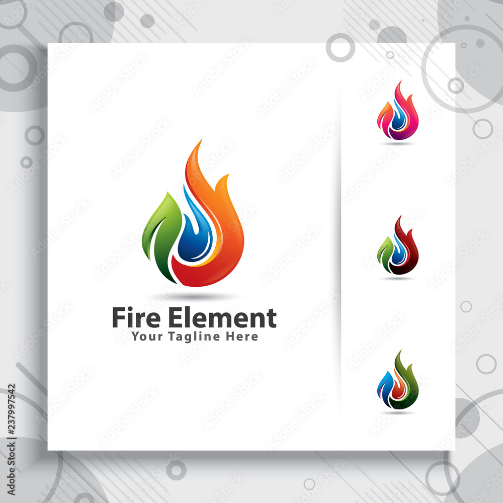 3d fire element vector logo design with leaf concept for ecology ...