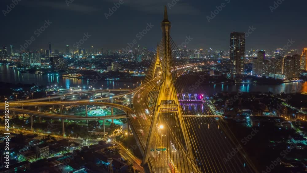 Aerial drone hyper lapse over Bhumibol bridge known as Industrial Ring ...