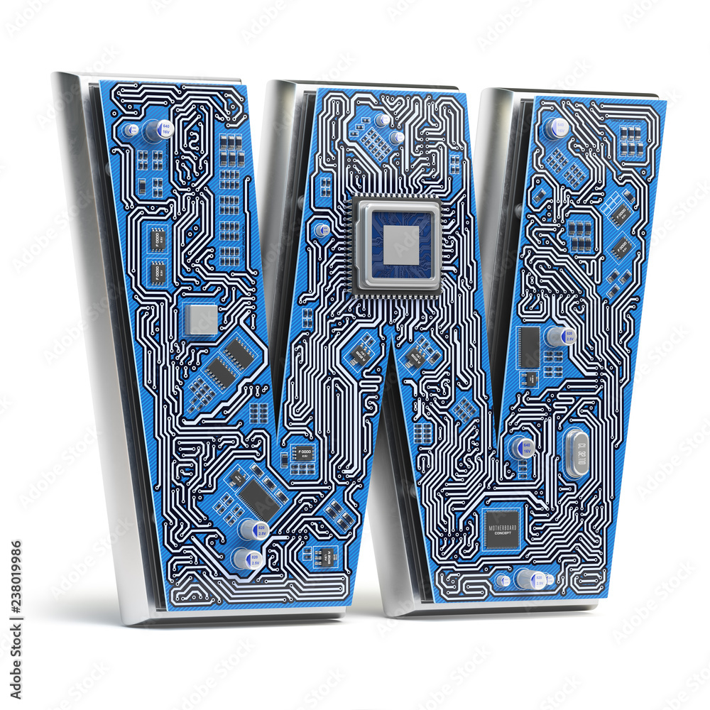 Letter W. Alphabet in circuit board style. Digital hi-tech letter ...