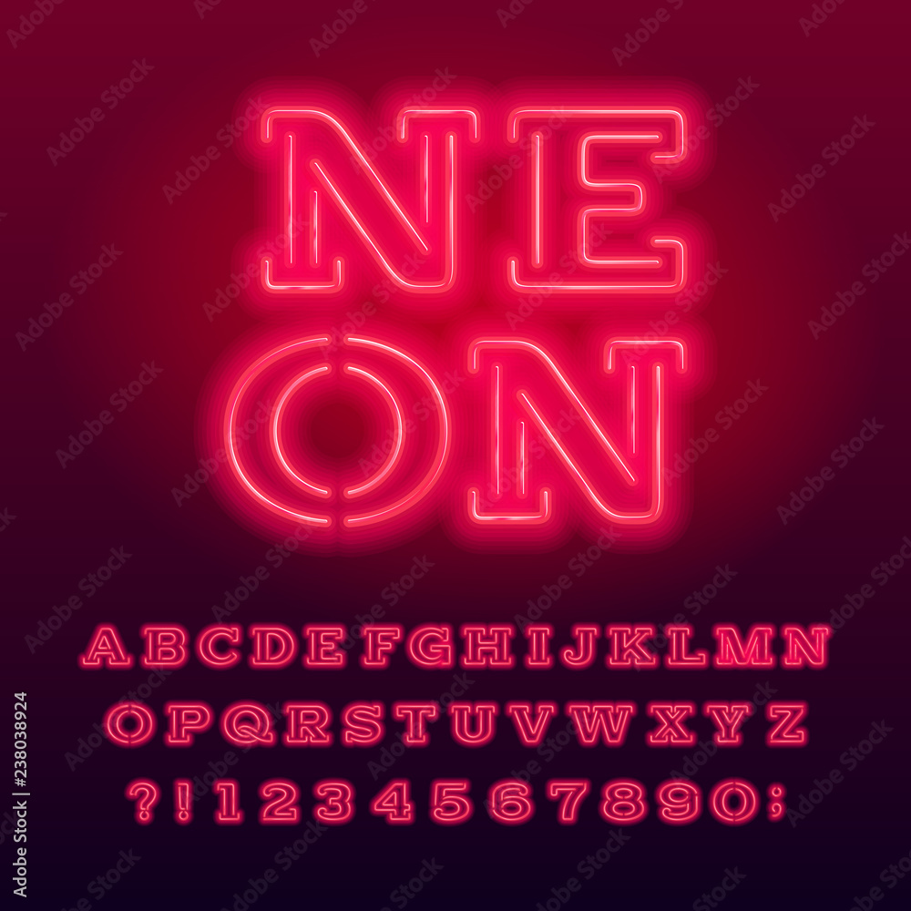 Red neon tube alphabet typeface. Neon color serif letters and numbers ...