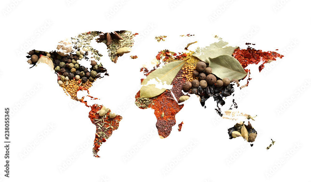 World map of different aromatic spices on white background. Creative ...