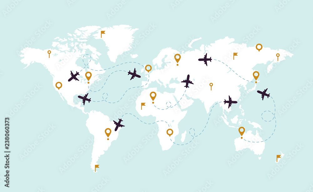 World map plane tracks. Aviation track path on world map, airplane ...