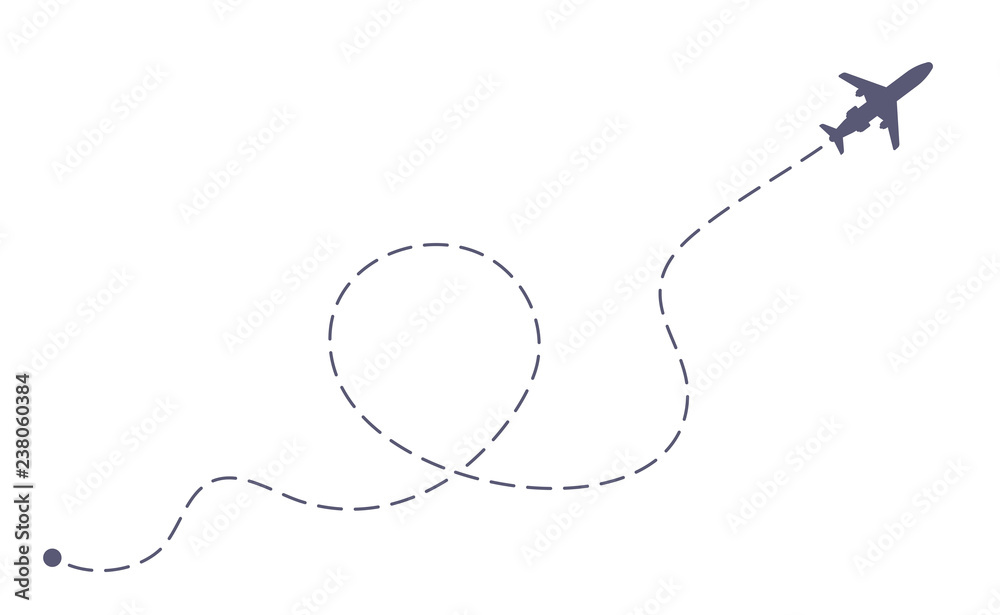 Airplane flight dashing line. Airlines plane line path, travel flights ...