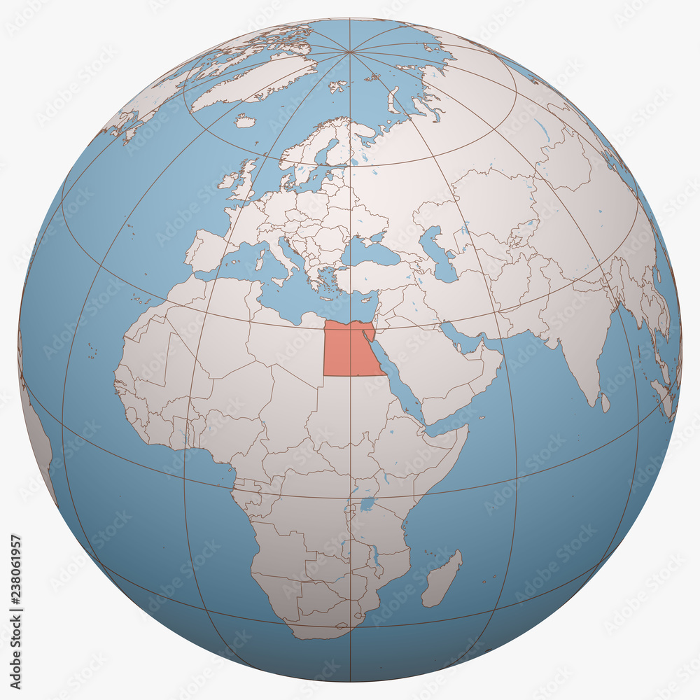 Egypt on the globe. Earth hemisphere centered at the location of the ...