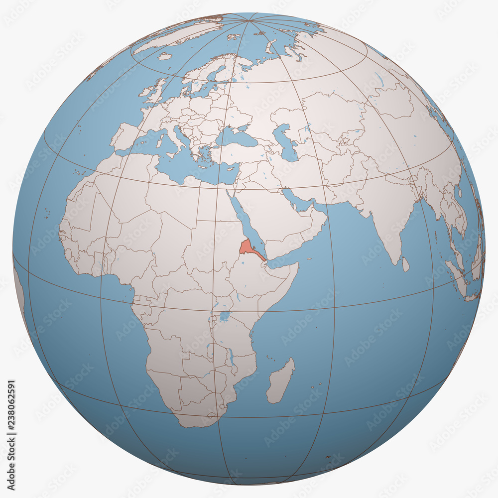 Eritrea on the globe. Earth hemisphere centered at the location of the ...