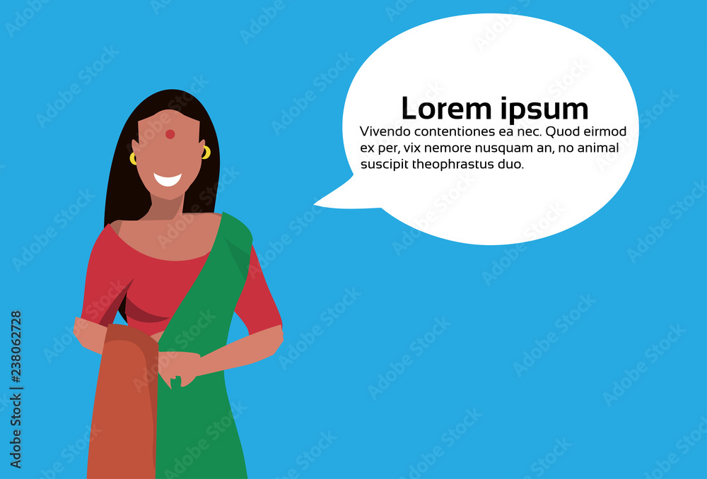 indian woman bindi standing chat bubble national traditional clothes ...