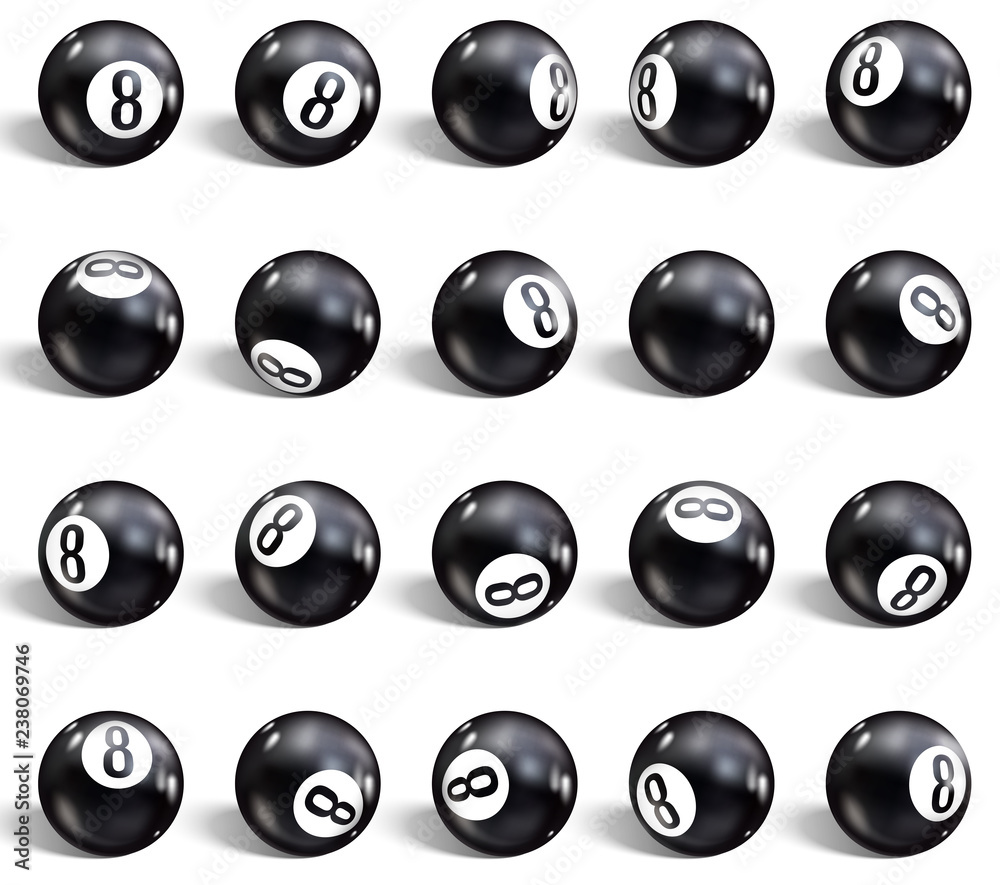 Eight Ball. Set of realistic 8 ball. Isolated on a white background ...