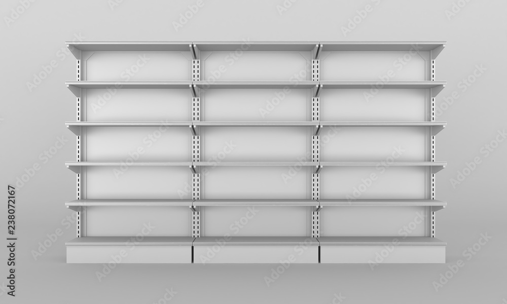 Empty store shelves. Retail shelf rack. Showcase display. Mockup ...