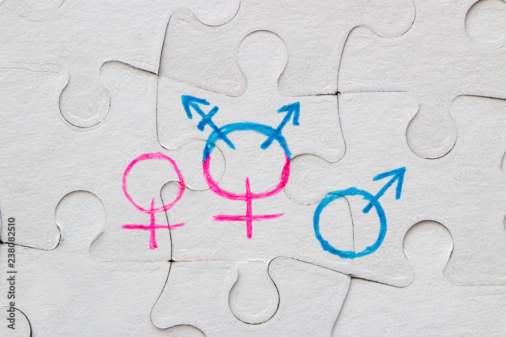 transgender symbol, female and male gender symbol drawn on the puzzle ...