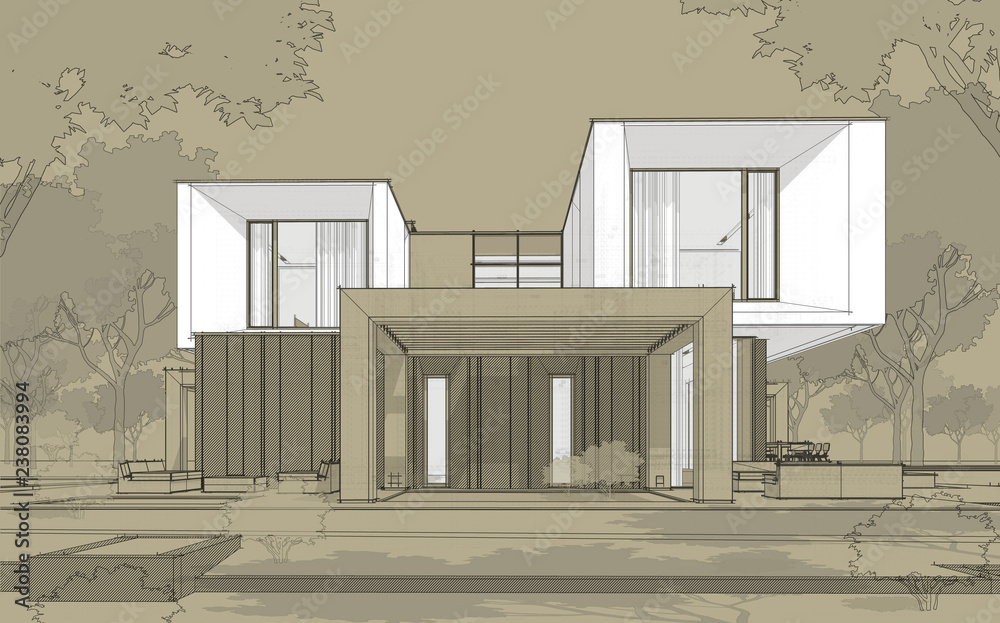 3d rendering sketch of modern cozy house in garden with garage for sale ...