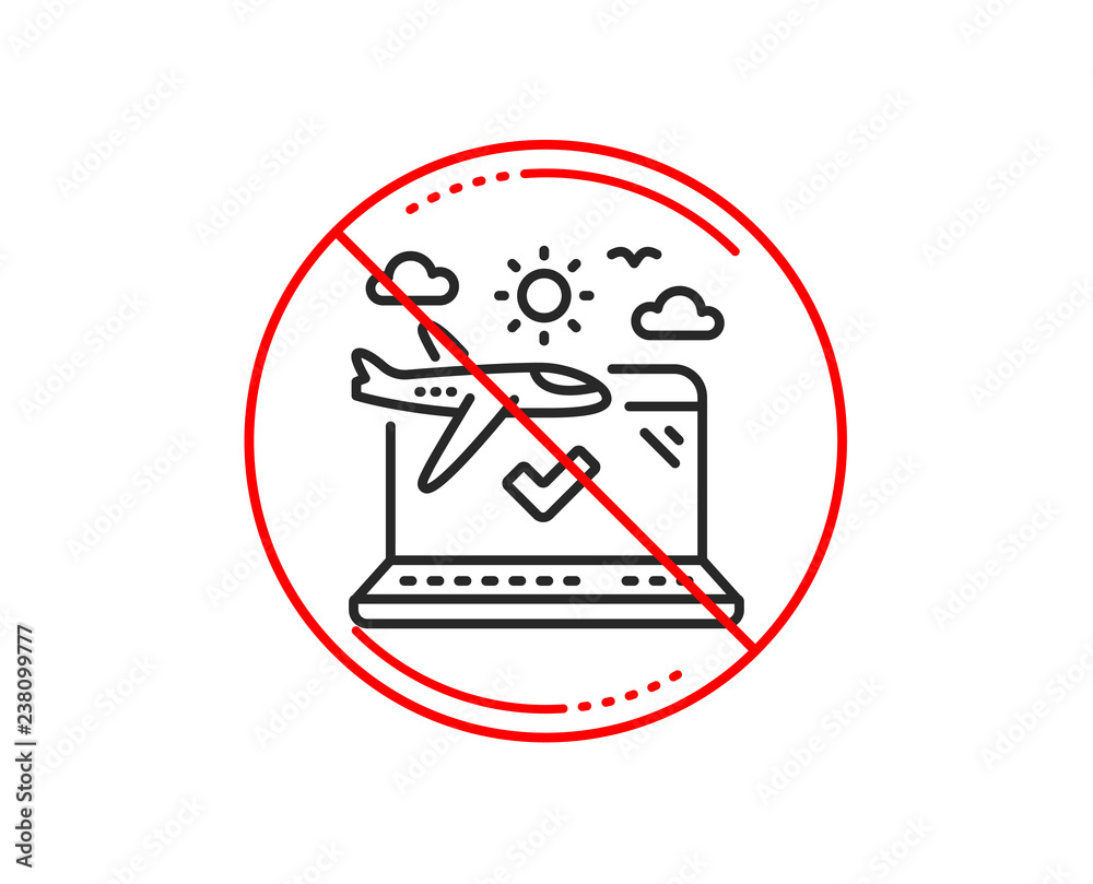 No or stop sign. Airplane travel line icon. Check in trip sign ...