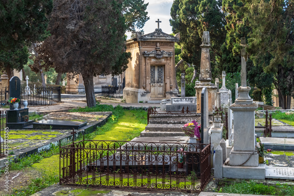 A mausoleum in front of graves at Addolorata cemetery, Paola, Malta ...