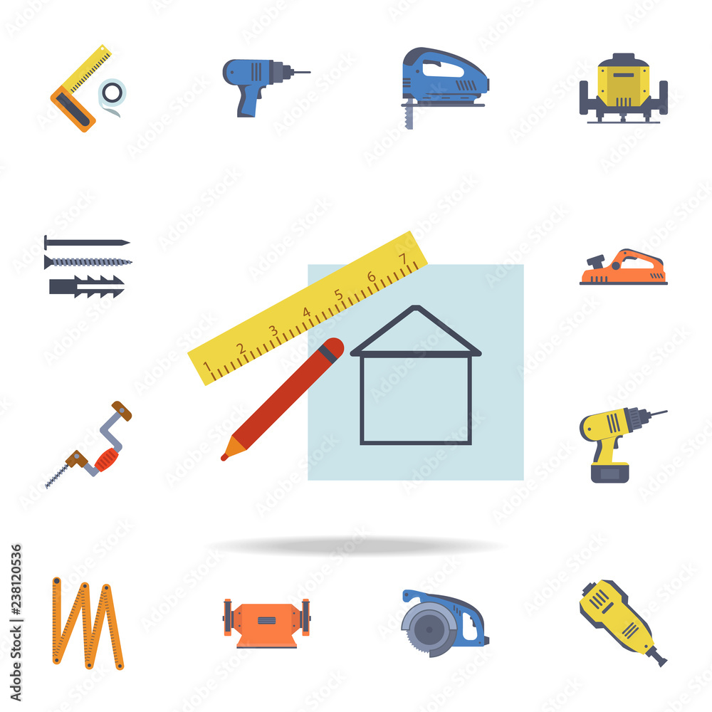 color house drawing and ruler icon. Detailed set of color construction ...