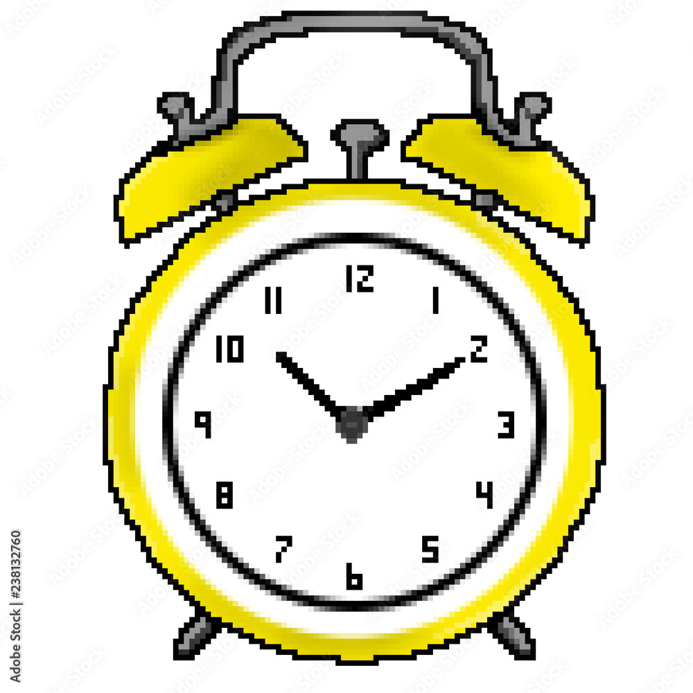 Pixel 8 bit drawn old fashioned alarm clock in yellow Stock ...