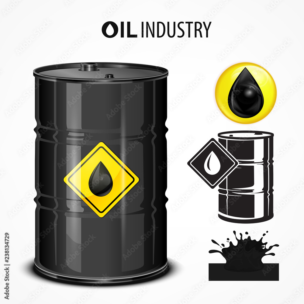 Oil industrial, barrel, yellow label and black drops, isolated Stock ...