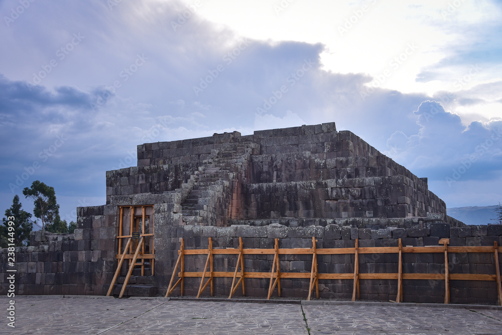 Stone walls and pyramids at the Usnu de Vilcashuaman, constructed by ...