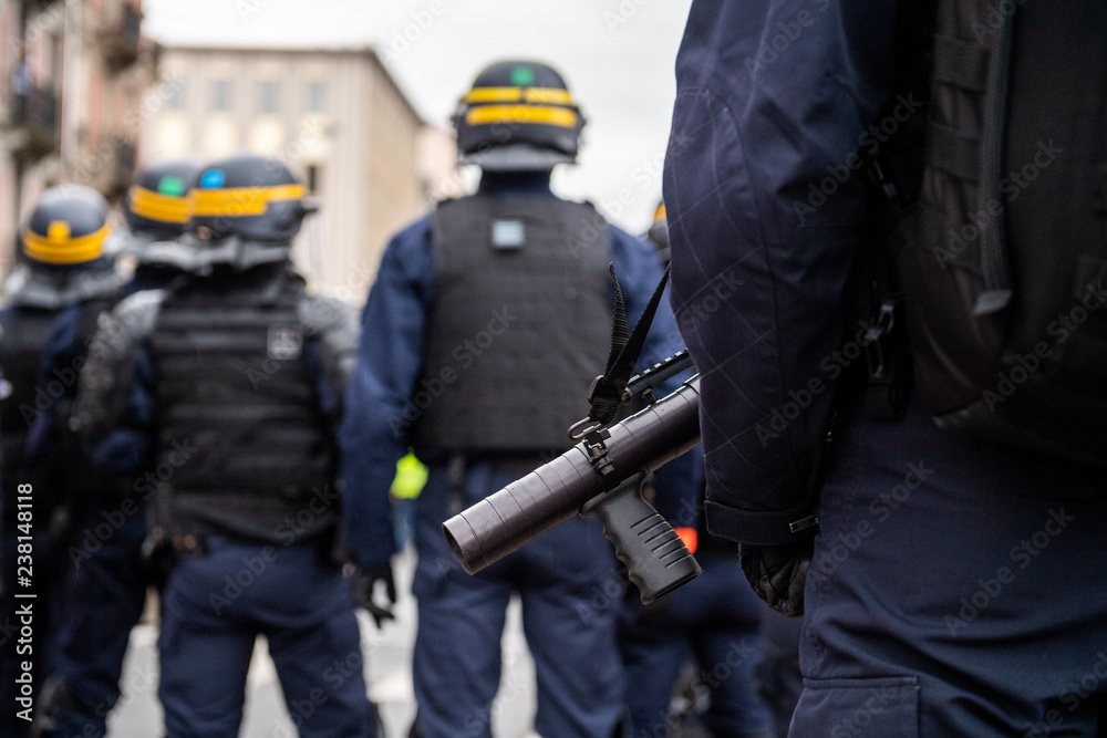 French Police officers securing the zone in front of the yellow vests ...